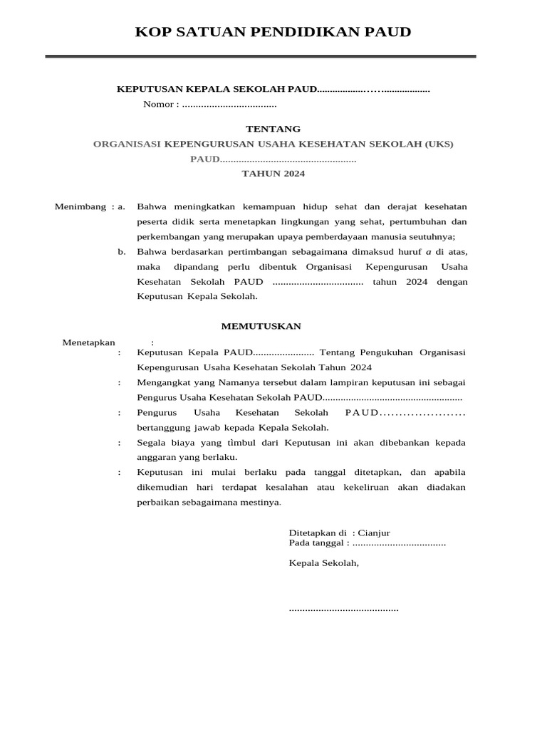 Contoh Sk Organisasi Kepengurusan Uks Tahun 2024 | PDF