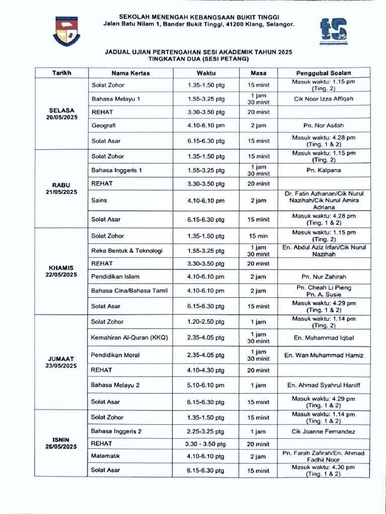 Ting 2 Jadual Ujian Pertengahan Sesi Akademik 2025 (Murid) | PDF