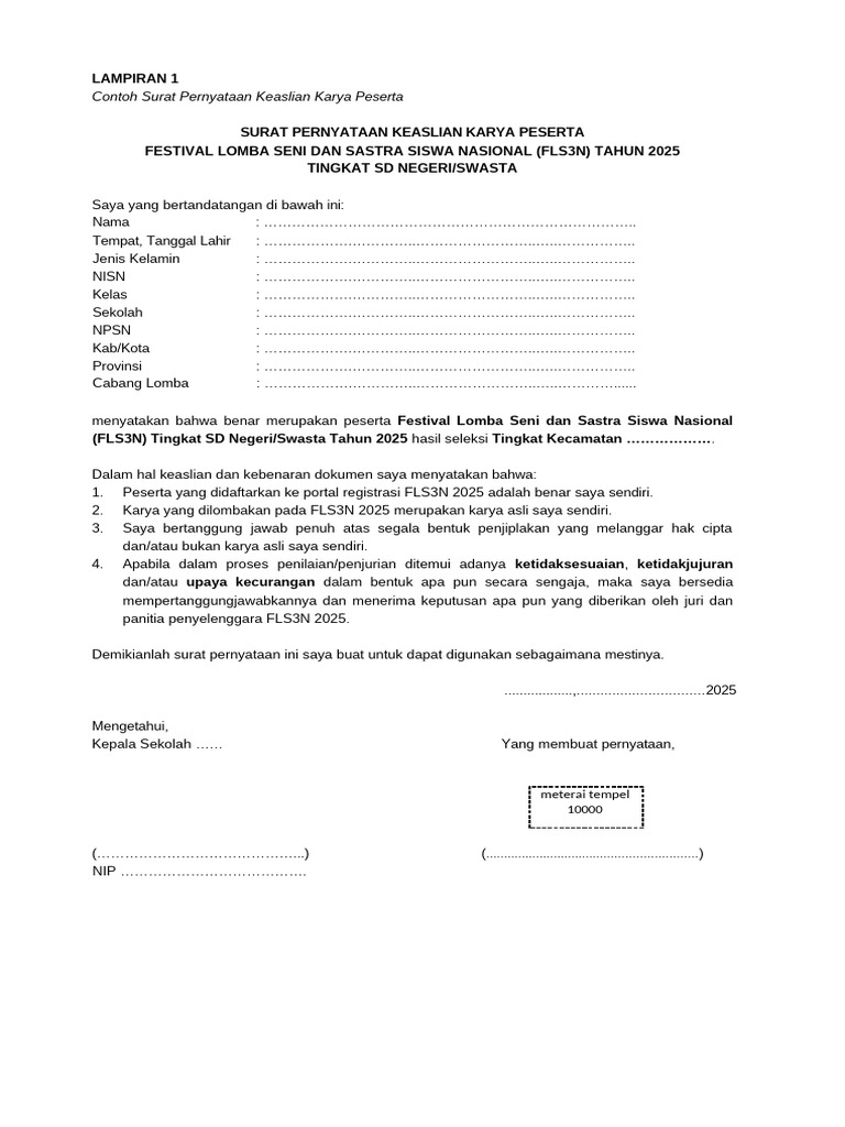 Contoh Surat Keaslian Data Dan Karya FLS3N | PDF