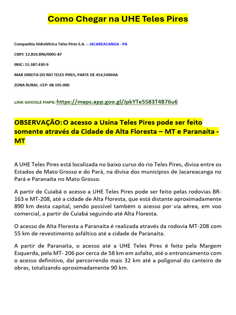 Como Chegar à UHE Teles Pires | PDF