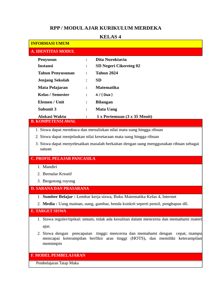 RPP Ke 5 MTK Kelas 4 | PDF