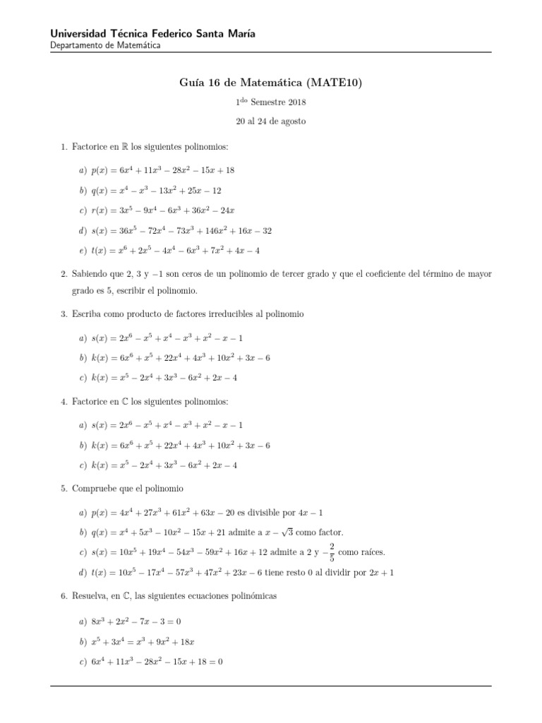 Guía de Álgebra de Polinomios | PDF | Matemáticas De La Computación ...