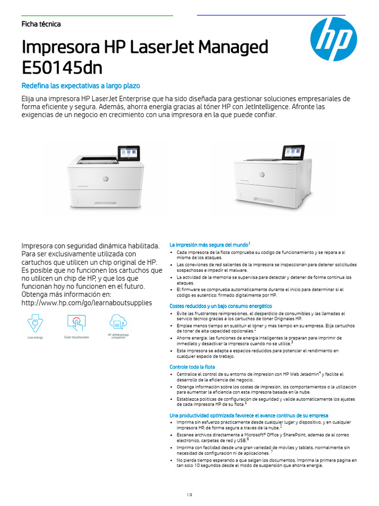 Ficha técnica HP LaserJet E50145dn | PDF | Impresora (Computación ...