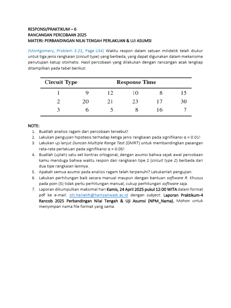 PRAKTIKUM Rancangan Percobaan (STA6427) - 06 Perbandingan Nilai Tengah Perlakuan & Uji Asumsi | PDF