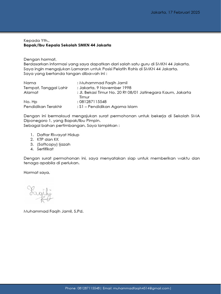 Lamaran Pelatih Rohis SMKN 44 Jakarta | PDF