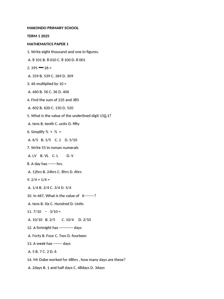 MATHEMATICS PAPER 1 & 2 2025 term1 | PDF | Elementary Mathematics | Arithmetic