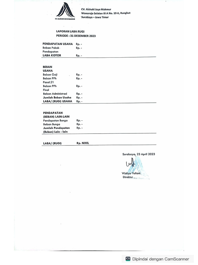 Laporan Laba Rugi Dan Neraca CV Alshaki Tahun 2023 | PDF