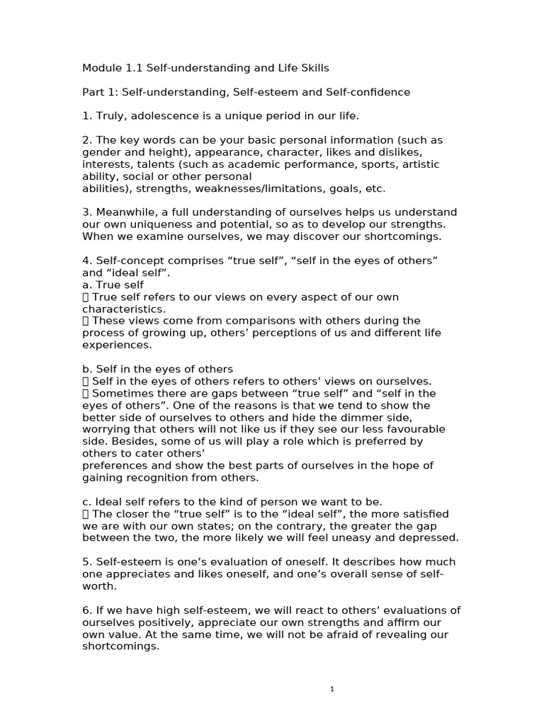 Module 1.1 - Self-Understanding and Life Skills | PDF | Self Esteem | Professional Skills