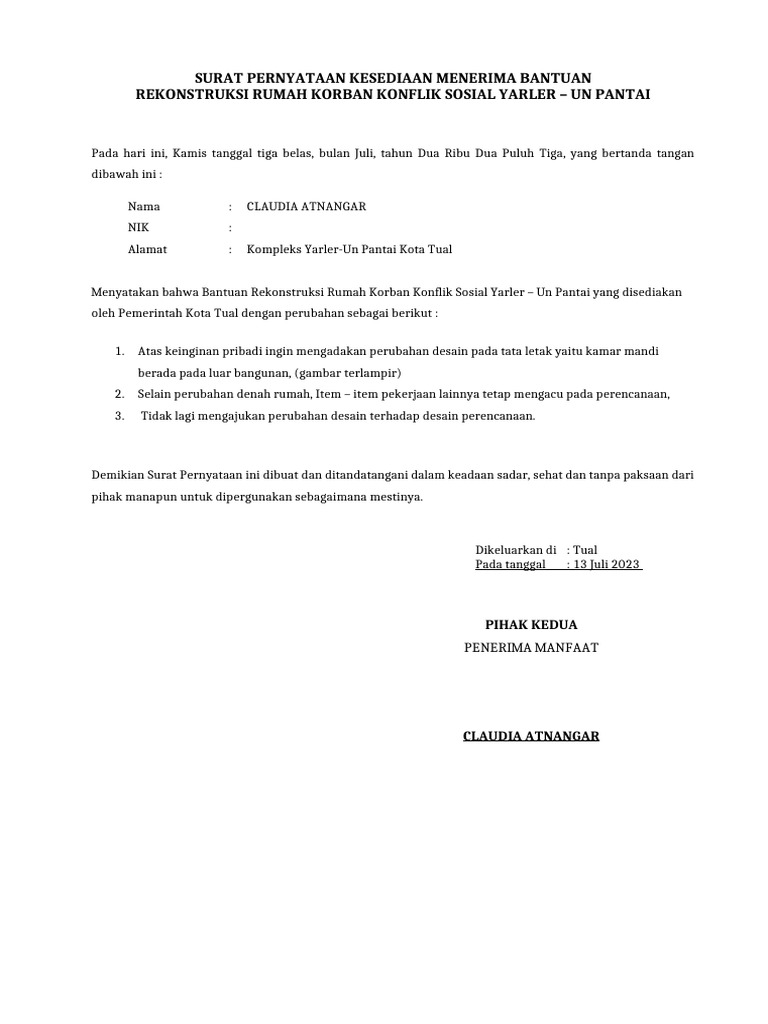 Surat Pernyataan Perubahan Dena Rumah Baru | PDF