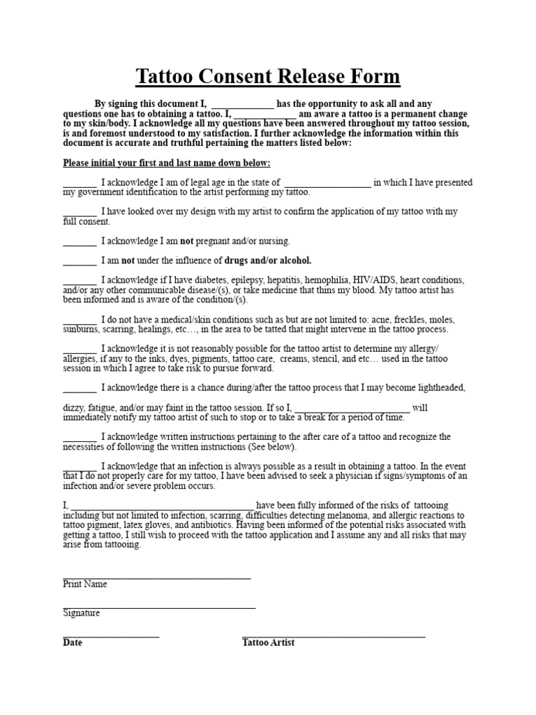 Tattoo Release Form 3 | PDF | Tattoo | Human Diseases And Disorders