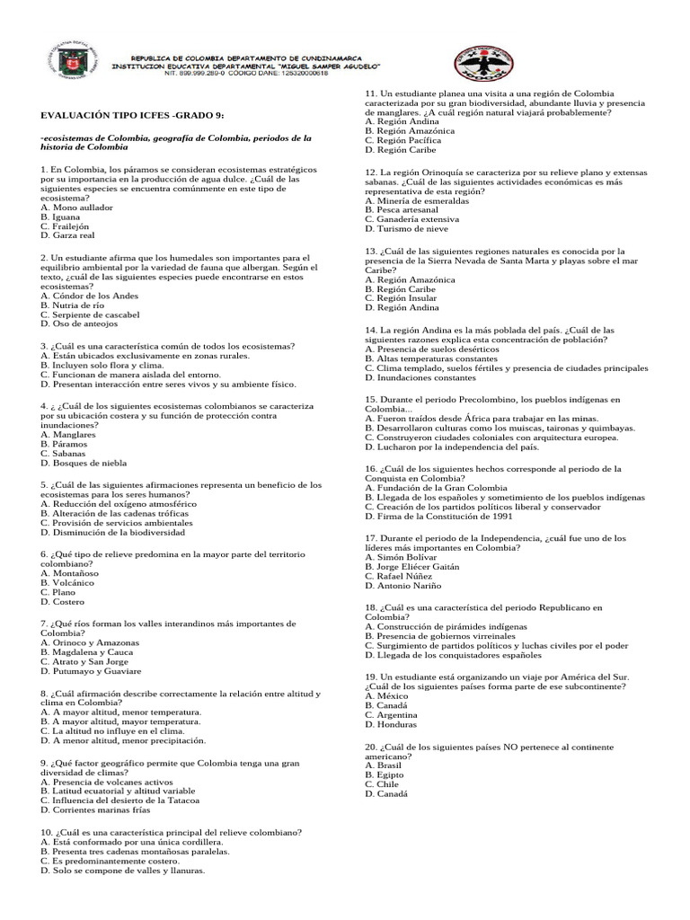Evaluación Tipo ICFES 2025 9 | PDF | Colombia | Américas