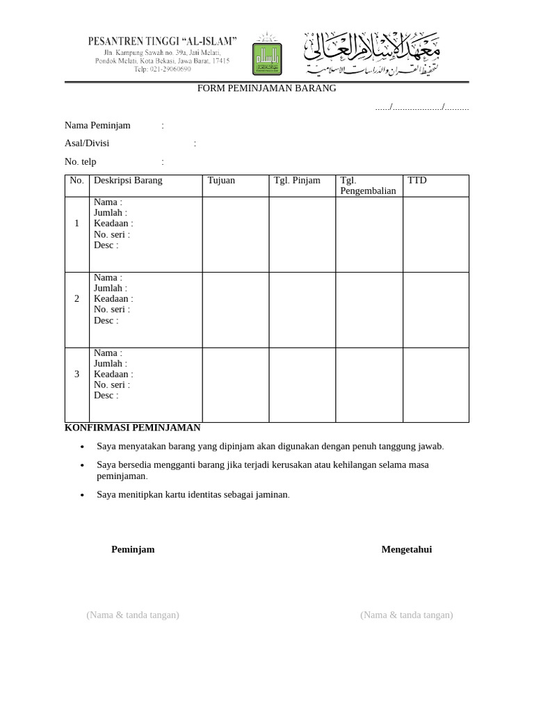 Form Peminjaman Barang Resmi | PDF
