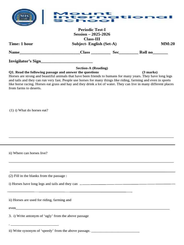 English Test for Class III Students | PDF | Linguistics | Linguistic ...