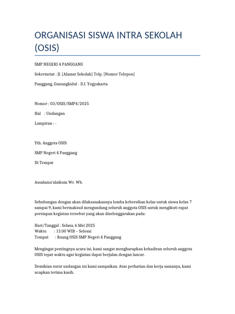 Undangan Rapat OSIS SMP Negeri 4 | PDF