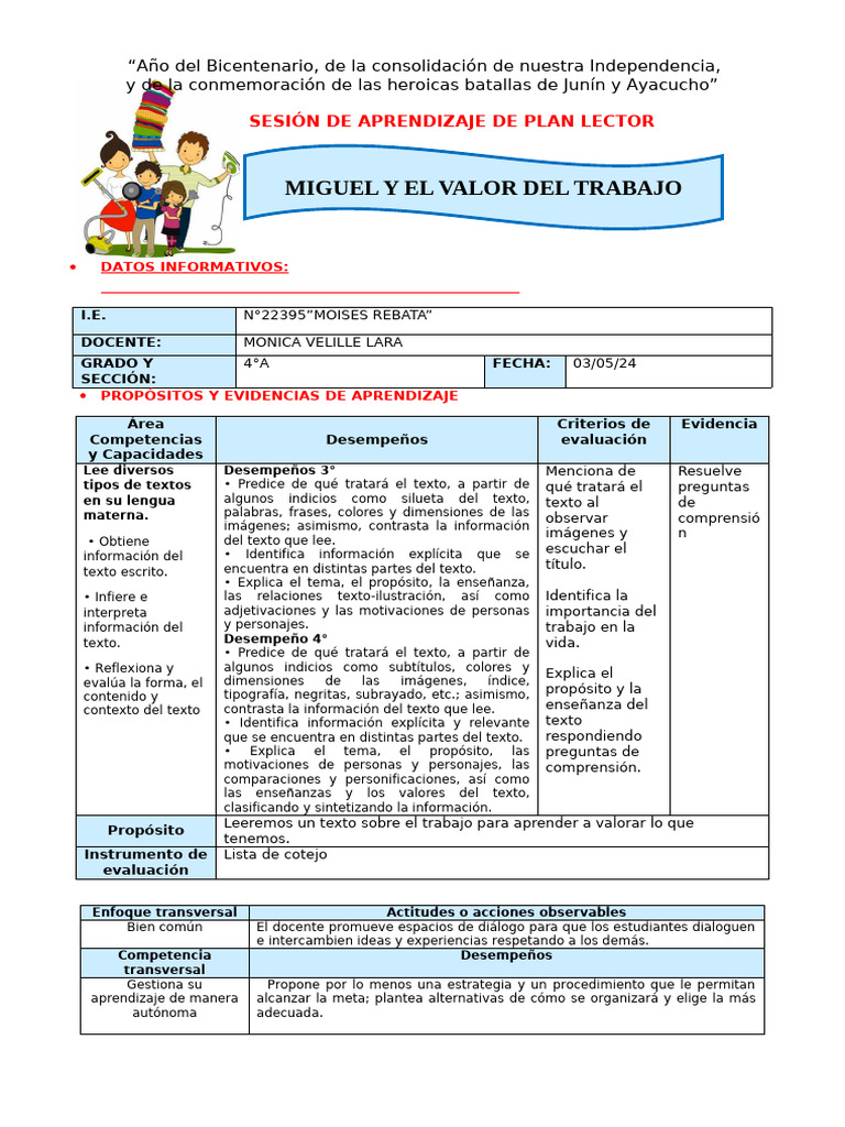Iv Ses Vier 3 Plan Lector Miguel y El Valor Del Trabajo | PDF | Aprendizaje | Conceptos psicologicos