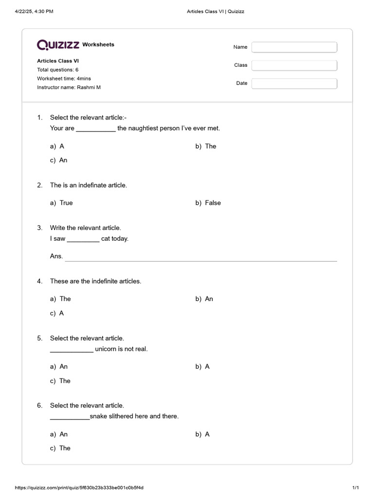 Articles Class VI - Quizizz | PDF