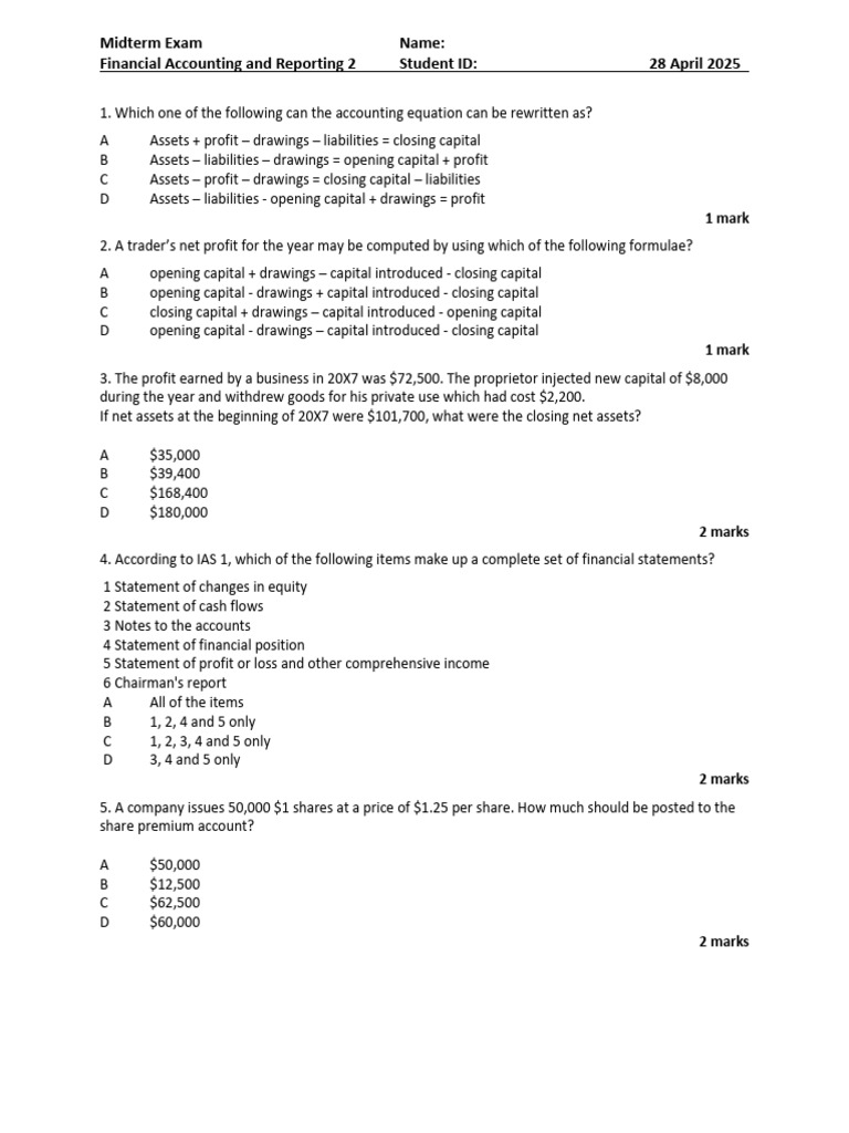 Financial Accounting Midterm Exam Questions | PDF | Cash Flow Statement ...