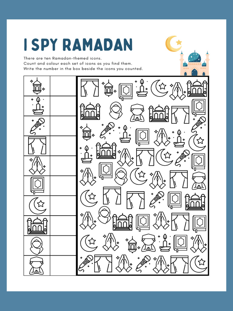 I Spy Ramadan Worksheet in Blue White Simple Style | PDF