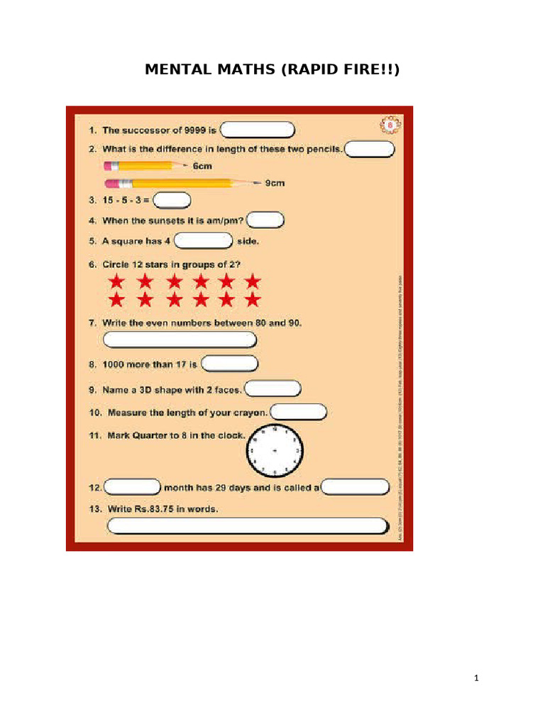 Mental Maths Sheet | PDF