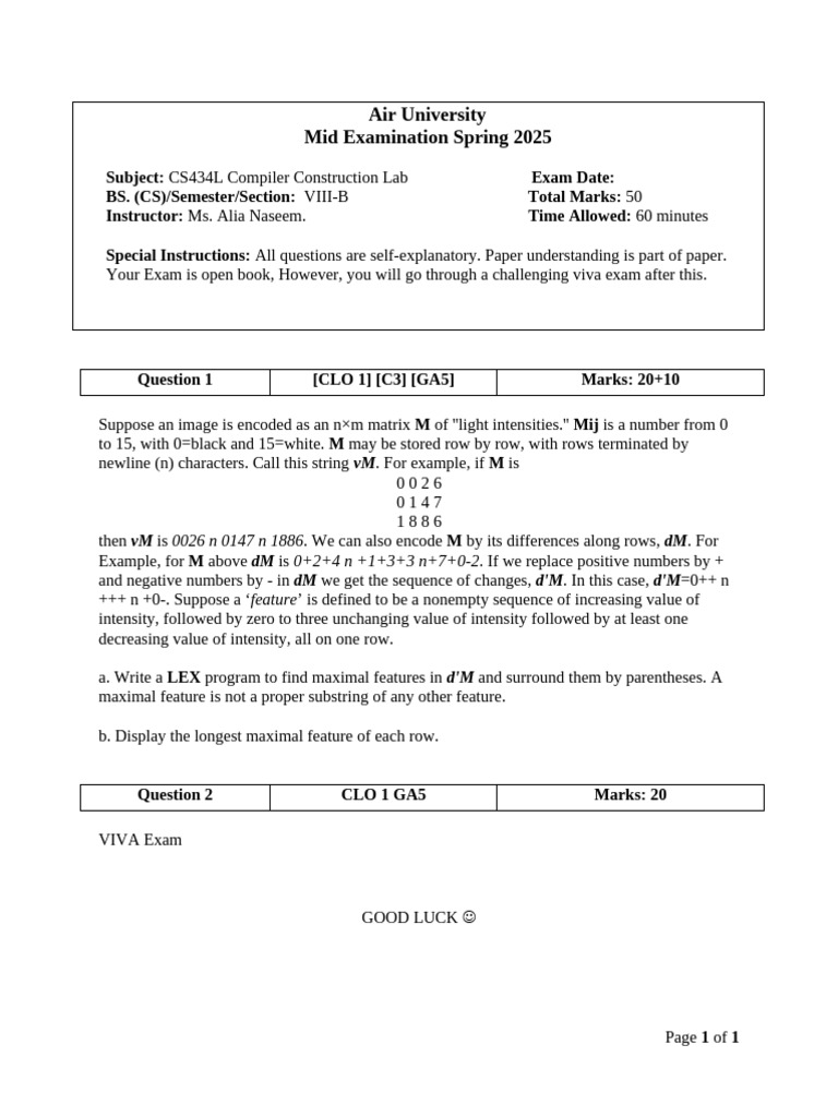 Mid Exam CC Lab Paper 1 | PDF