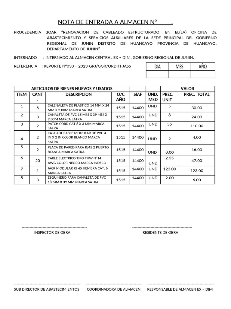 Nota de Entrada A Almacen Orditi | PDF | Equipo de telecomunicaciones ...