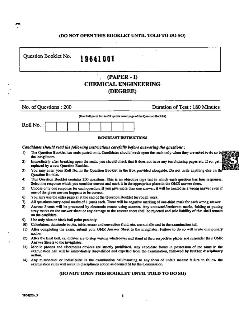 Chemical Engg. Degree Paper I | PDF