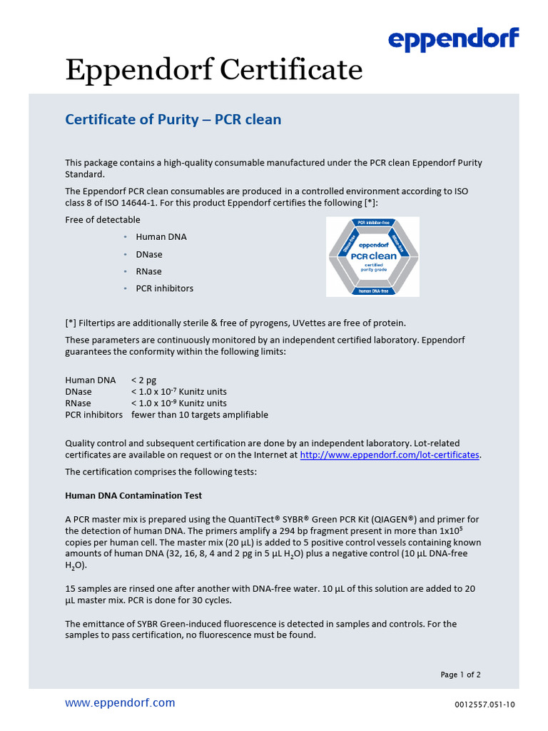 PCR - General Certificate Purity - PCR Clean | PDF | Polymerase Chain ...