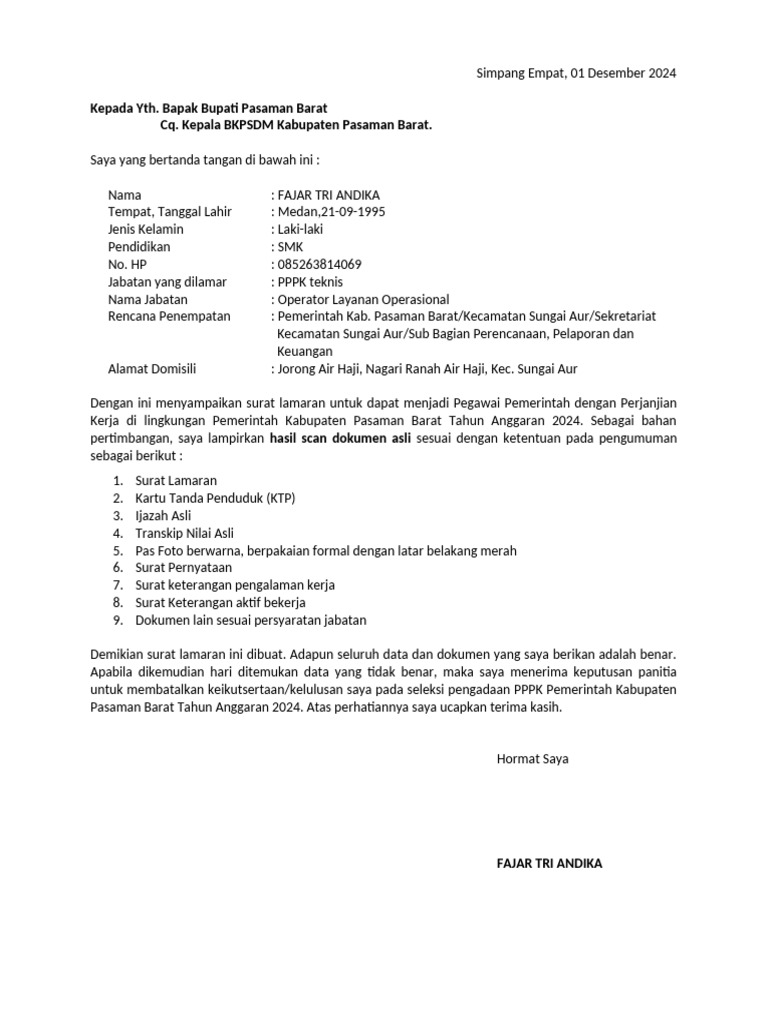 Surat Lamaran Fajar PPPK 2024 | PDF
