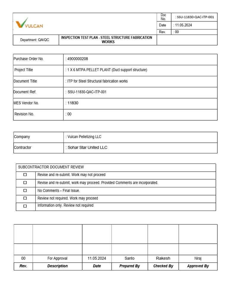 Itp For Structure Fabrication | PDF | Mechanical Engineering | Steel