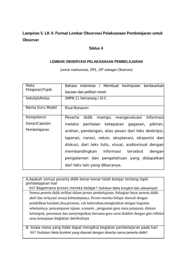 Siklus 4_Lampiran 5. LK 4 Format Lembar Observasi Pelaksanaan Pembelajaran Untuk Observer | PDF