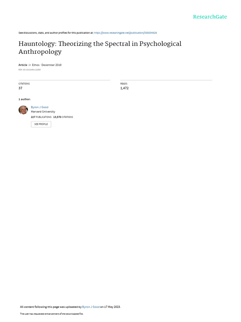 GOOD Hauntology Theorizing The Spectral in Psychological Anthropology ...