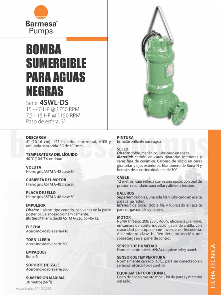 Ficha Tecnica de Bombas Sumergibles para Aguas Negras Modelo 4SWLDS | PDF | Rodamiento (Mecánico ...