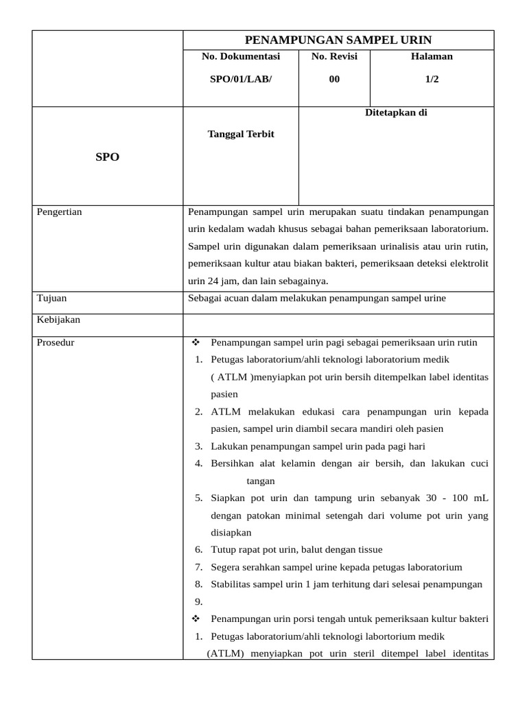 SPO Penampungan Sampel Urin | PDF