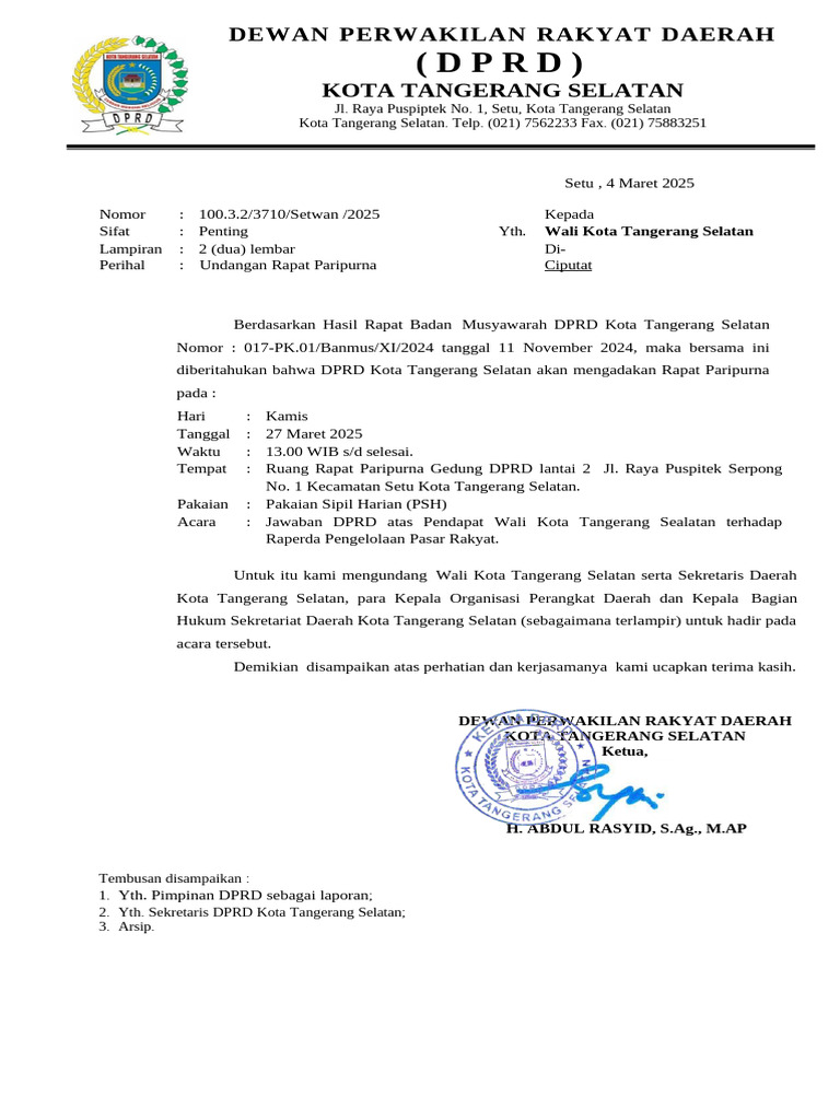 Undangan Rapat Dewan DPRD | PDF