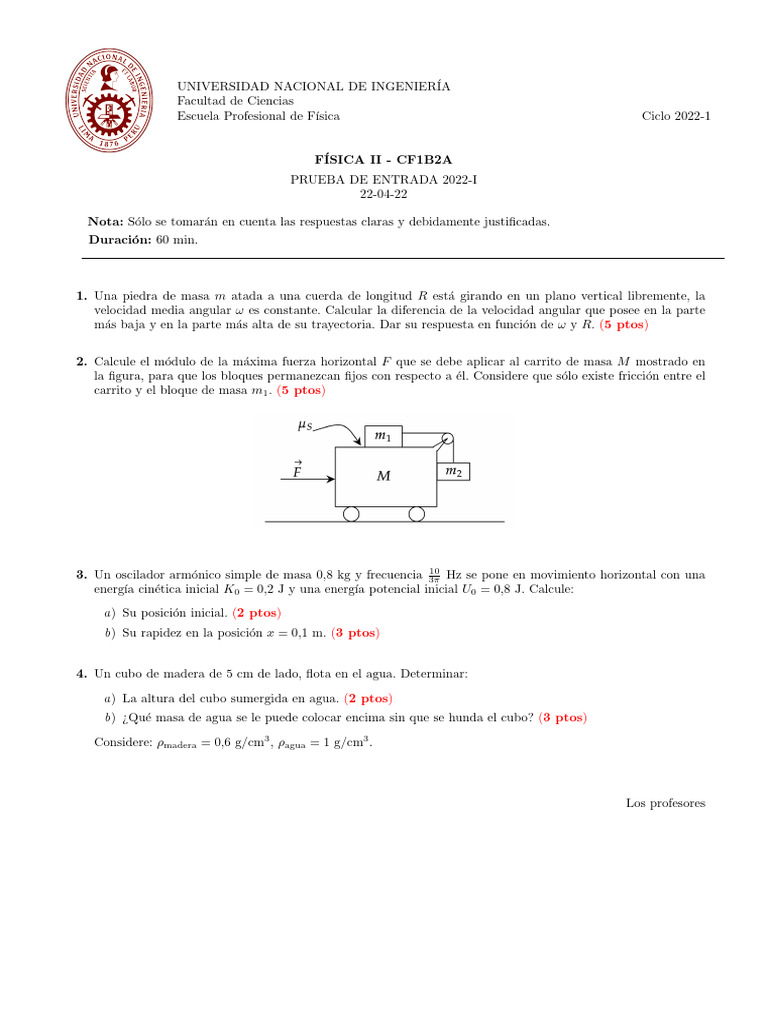Prueba de Entrada CF1B2 2022-I | PDF