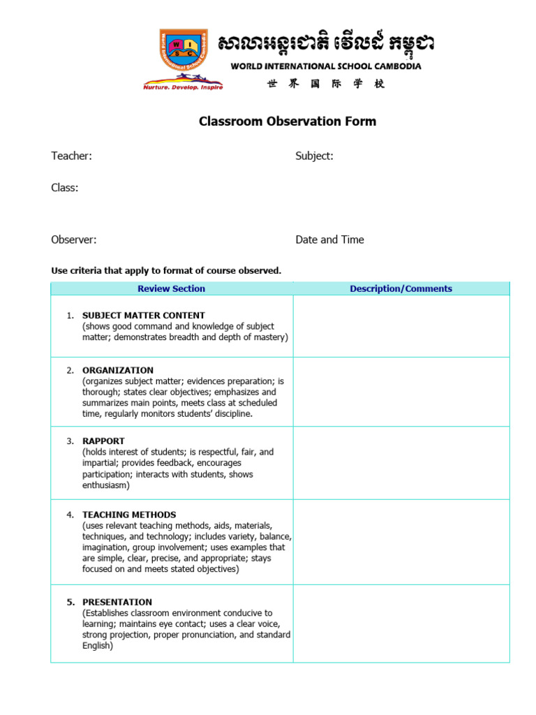 Classroom Observation Evaluation Form | PDF | Teaching Method | Classroom