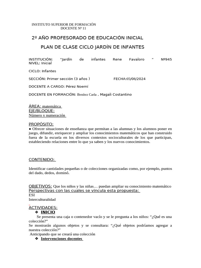 Plan de Clase: Matemáticas en Jardín Infantil | PDF | Maestros ...
