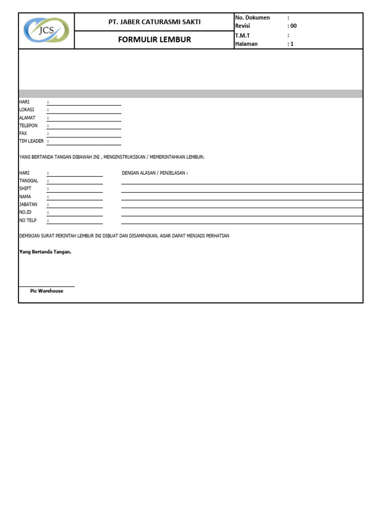 Formulir Lembur (WH Medan) | PDF