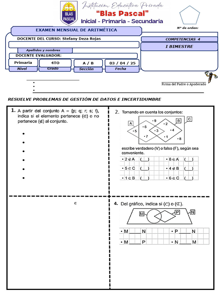 Examen Mensual Aritmetica 4to Grado 2025 | PDF