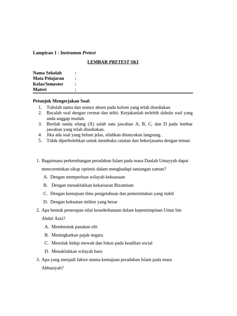 Instrumen Pretest dan Postest SKI | PDF