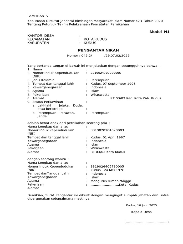 Formulir Nikah 473 TH 2020 | PDF