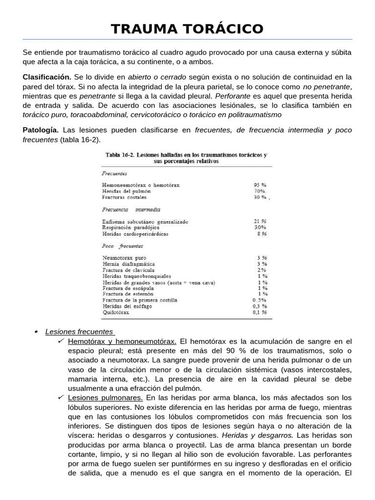 Clasificación y Lesiones del Trauma Torácico | PDF | Tórax | Pulmón