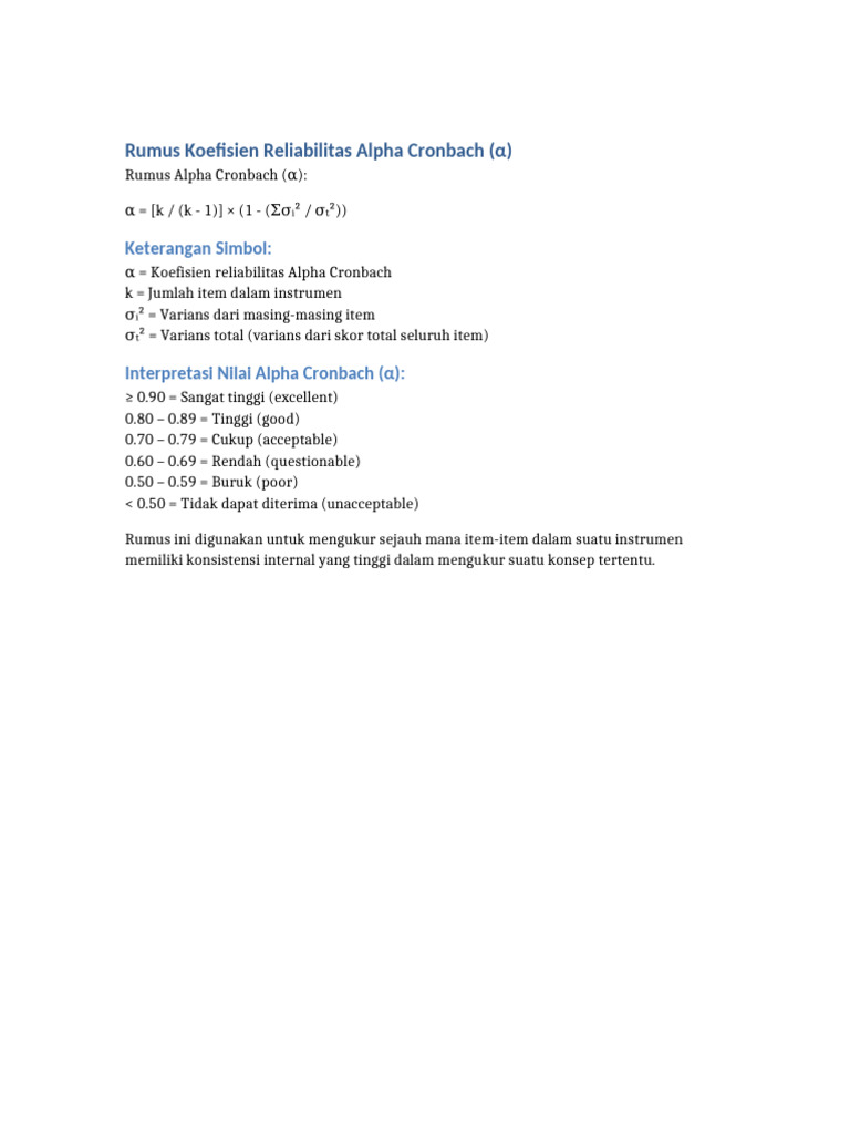 Rumus Koefisien Reliabilitas Alpha Cronbach | PDF
