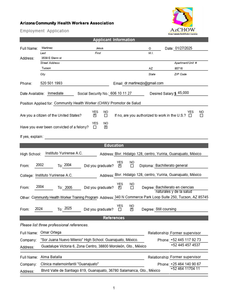 AzCHOW Employment Application01 | PDF