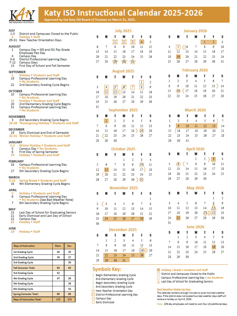 Katy ISD 2025-2026 Calendar | PDF | Academic Term | Educational ...