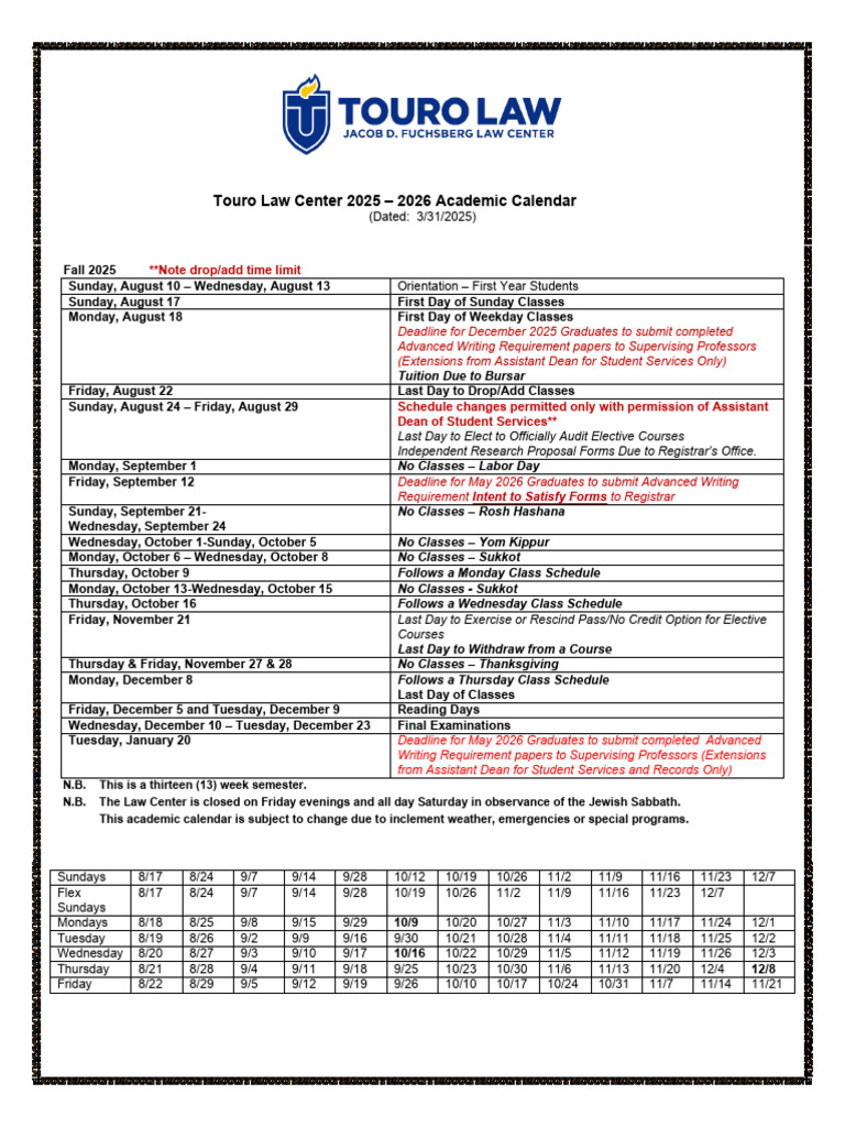 Touro Law Fall 2025 Calendar | PDF | Academic Term