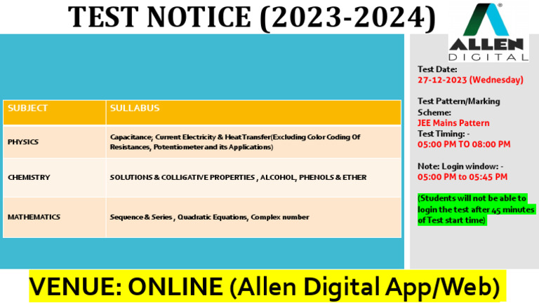 VENUE: ONLINE (Allen Digital App/Web) : Division: JEE (M+A) +mains ...