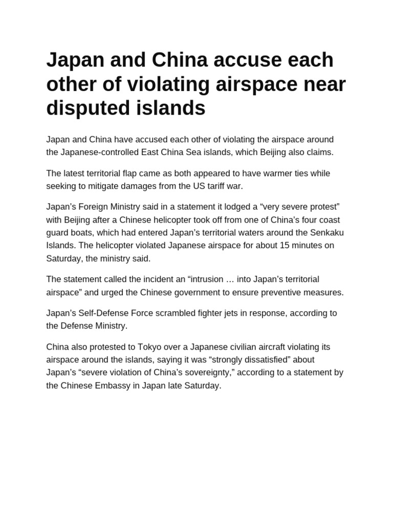 Japan and China Accuse Each Other of Violating Airspace Near Disputed ...