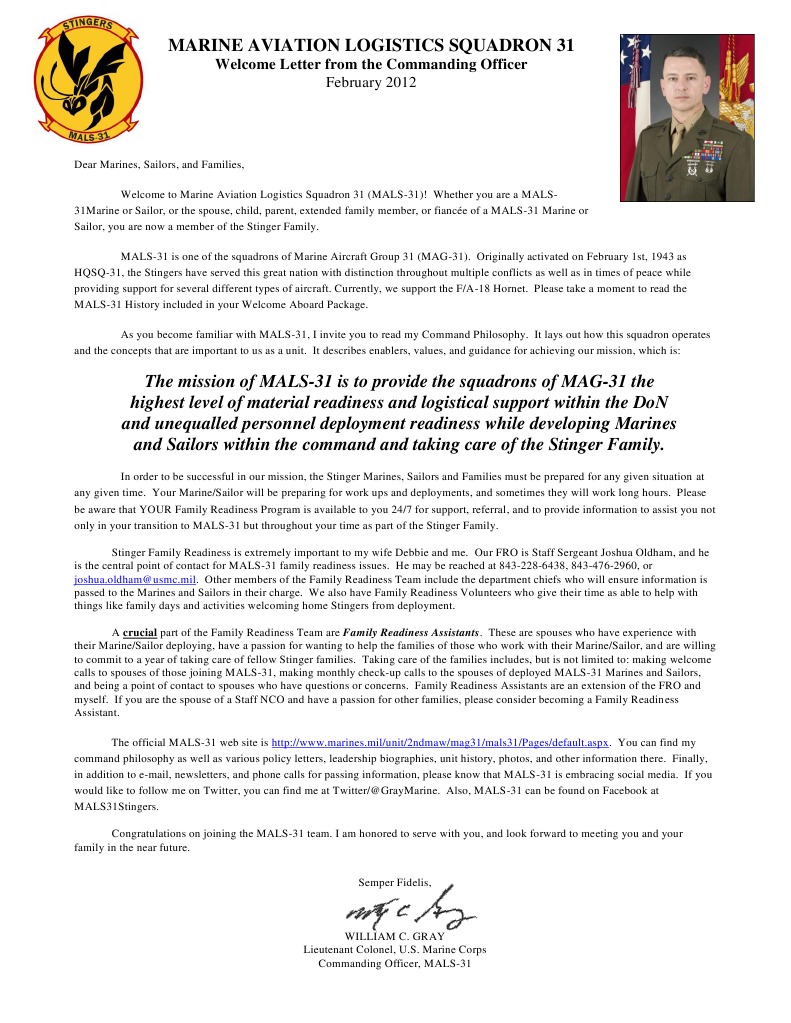 Marine Aviation Logistics Squadron 31: Welcome Letter From The ...