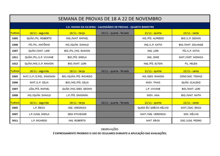 Calendário de Provas: 18 a 22 Nov. | PDF
